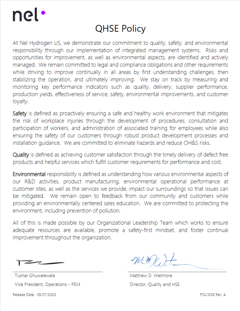 QHSE Policy PEM | Nel Hydrogen